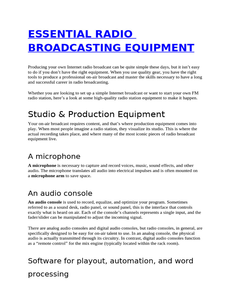 Essential Radio Broadcasting Equipment | PDF | Radio | Broadcasting