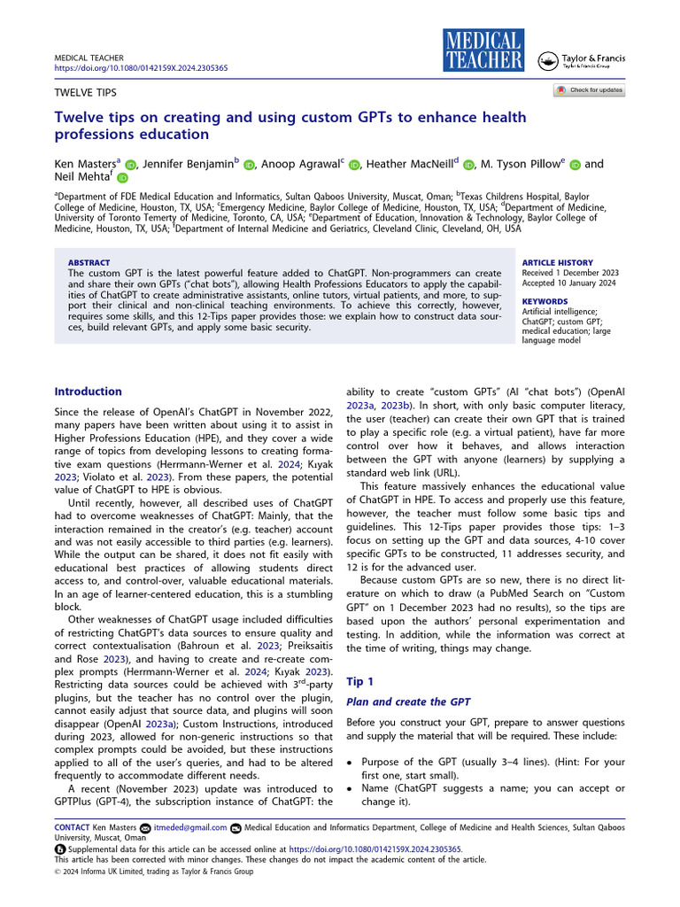 Twelve Tips On Creating and Using Custom GPTs To Enhance Health Professions Education | PDF ...