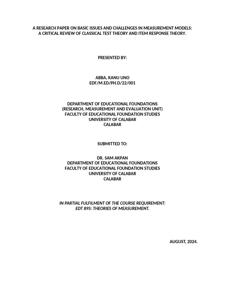 A RESEARCH PAPER ON (Theories of Measurement) BASIC ISSUES AND ...