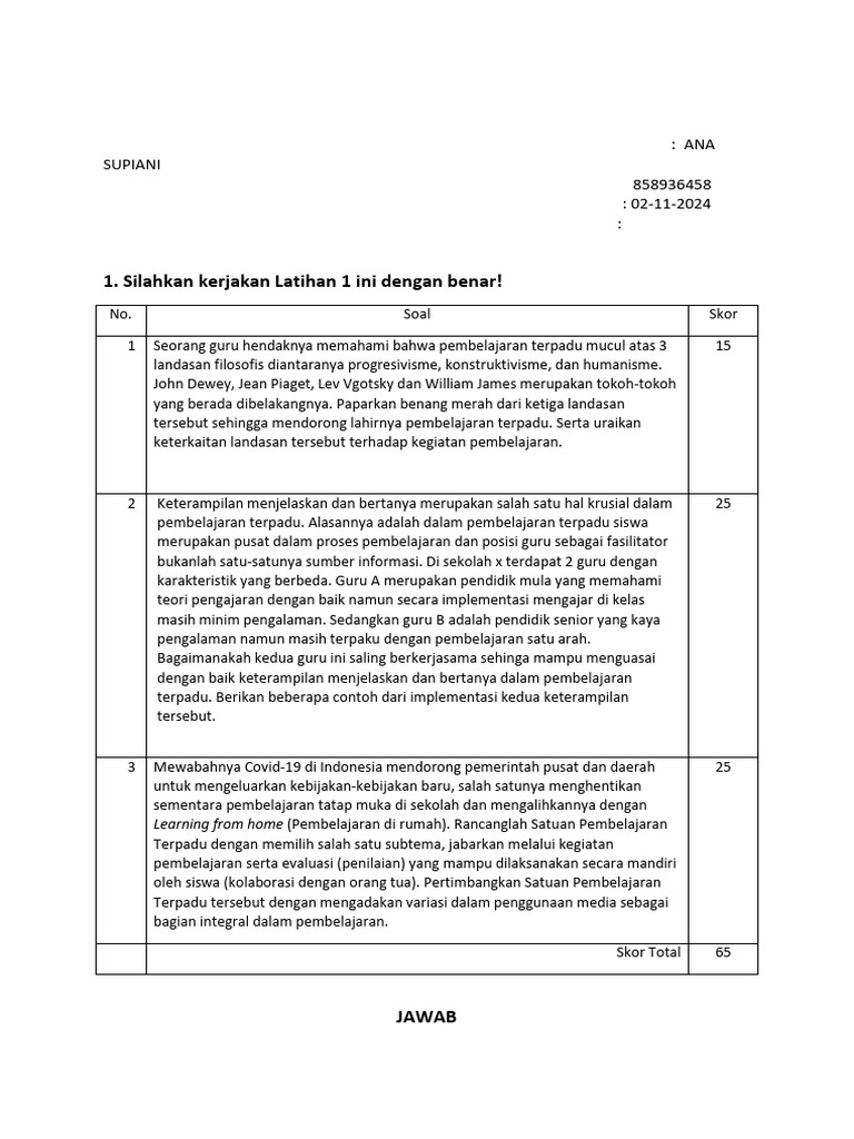 Ana Supiani - Tugas Praktik 1 - Pembelajaran Terpadu | PDF | Karier & Perkembangan | Kesehatan ...