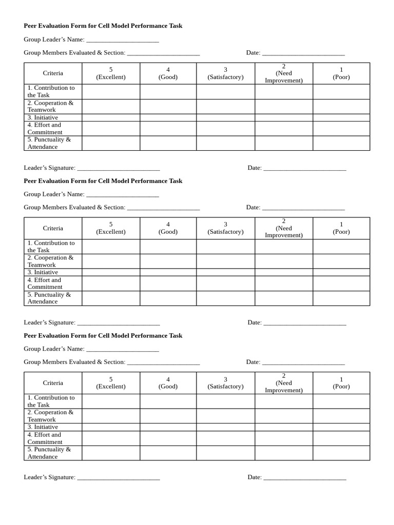 Peer Evaluation Form For Cell Model Performance Task | PDF