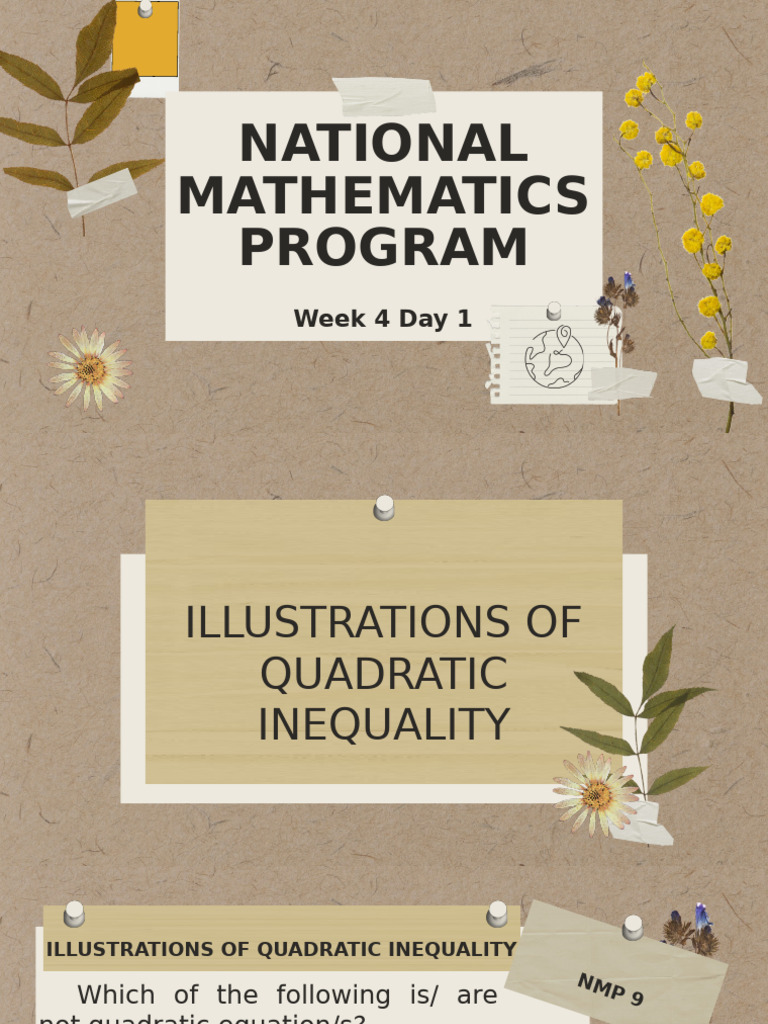 G9 NMP Q1 Week4 Day1 | PDF | Inequality (Mathematics) | Quadratic Equation