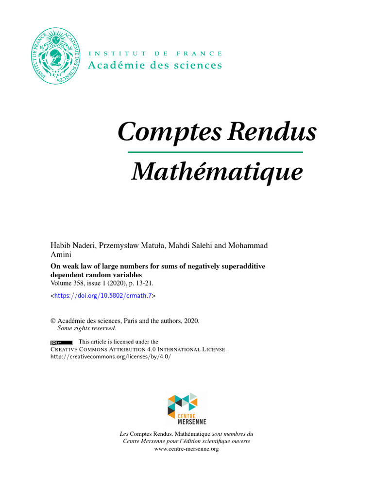 On Weak Law of Large Numbers For Sums of NSD R.V | PDF | Expected Value ...