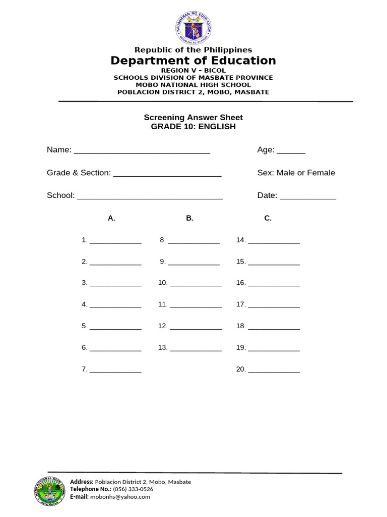 G10_Screening-Answer-Sheet(1) | PDF