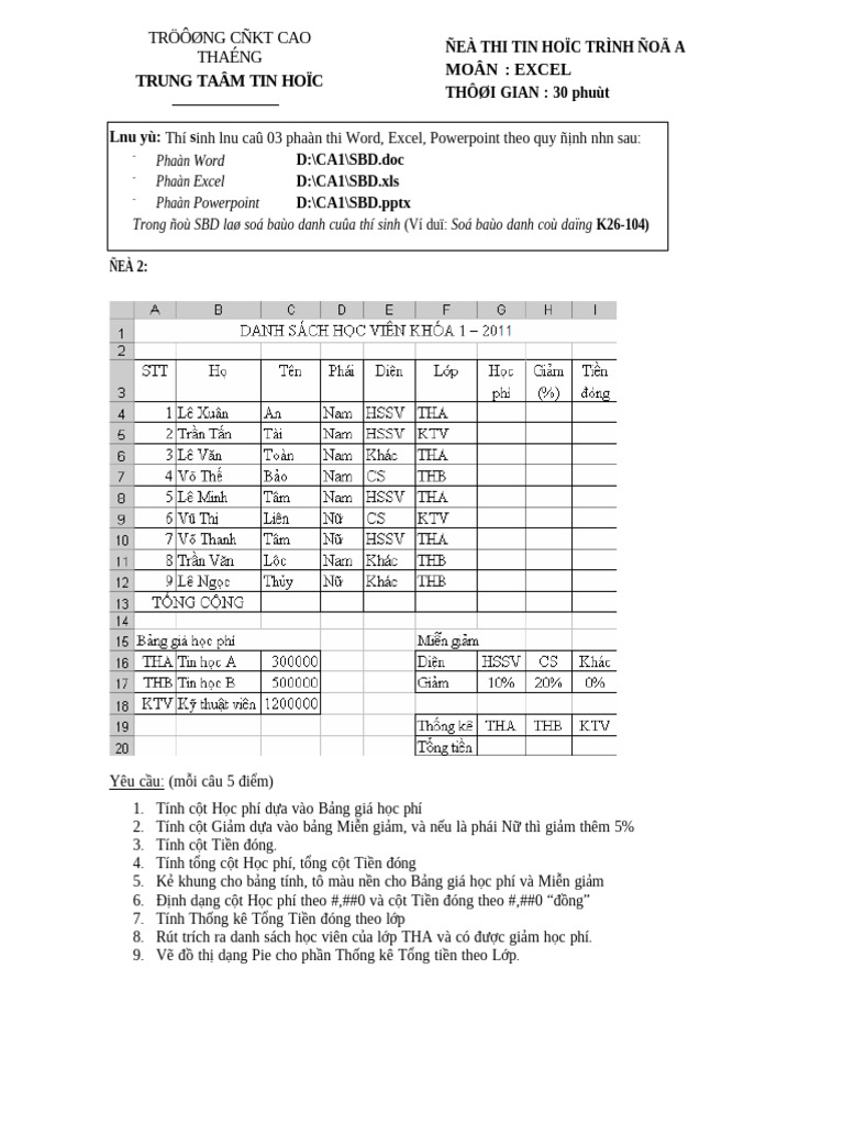 De Thi Excel Co Ban 2 | PDF