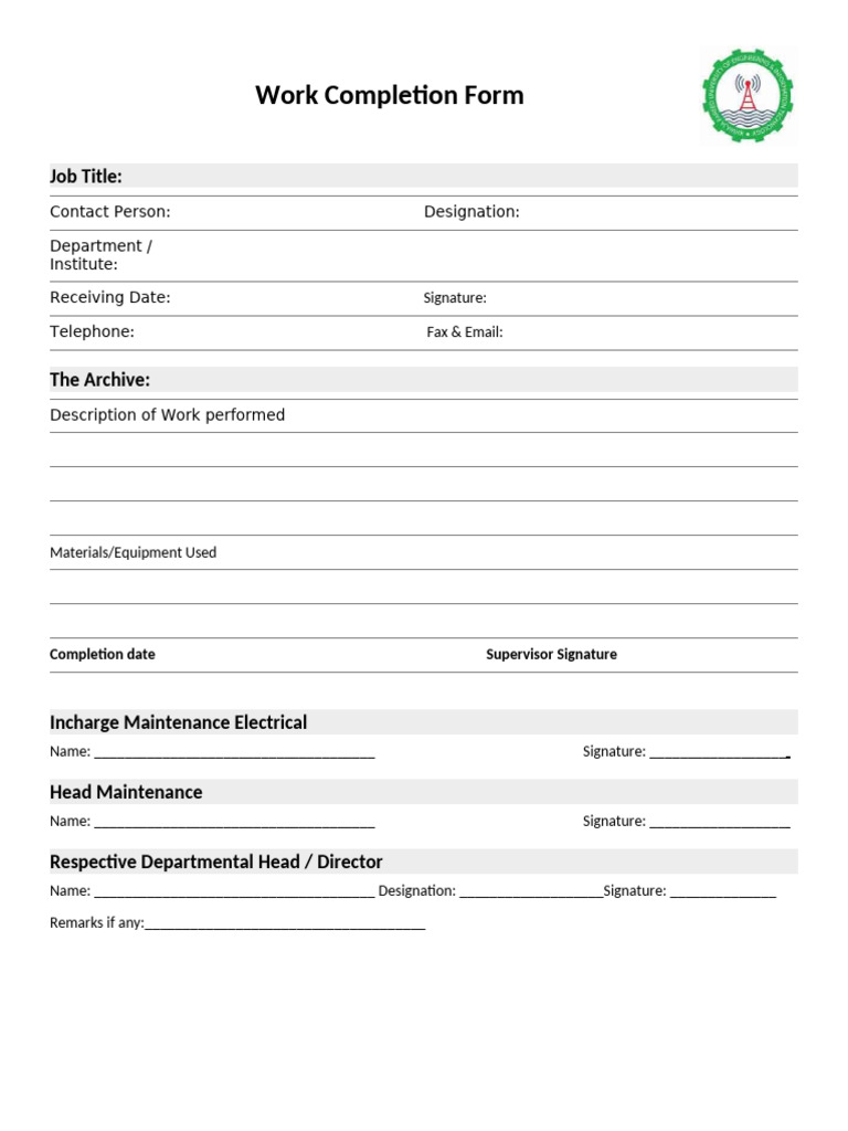 Work Completion Form Template For Company | PDF Work Completion Form Template For Company | PDF