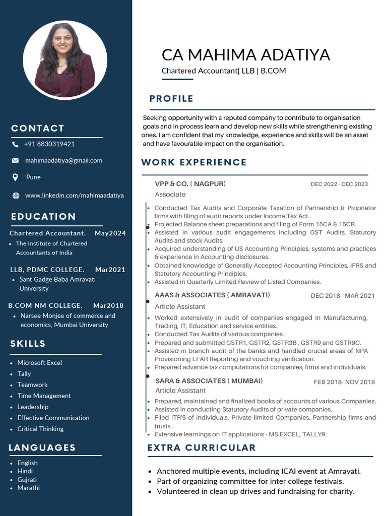 CV_ CA MAHIMA.K.ADATIYA | PDF | Accounting | Audit