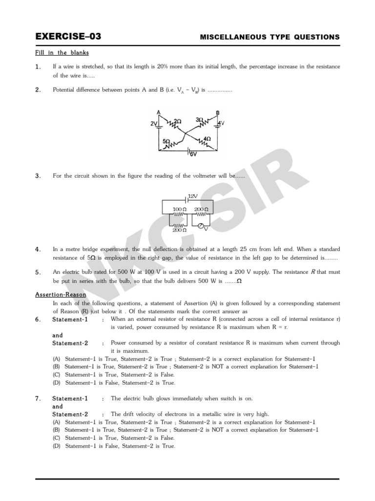 Exercise-03: Miscellaneous Type Questions | PDF | Electrical Resistance ...