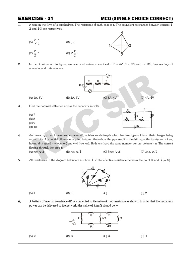 Exercise - 01: MCQ (Single Choice Correct) | PDF | Voltage | Electrical Resistance And Conductance