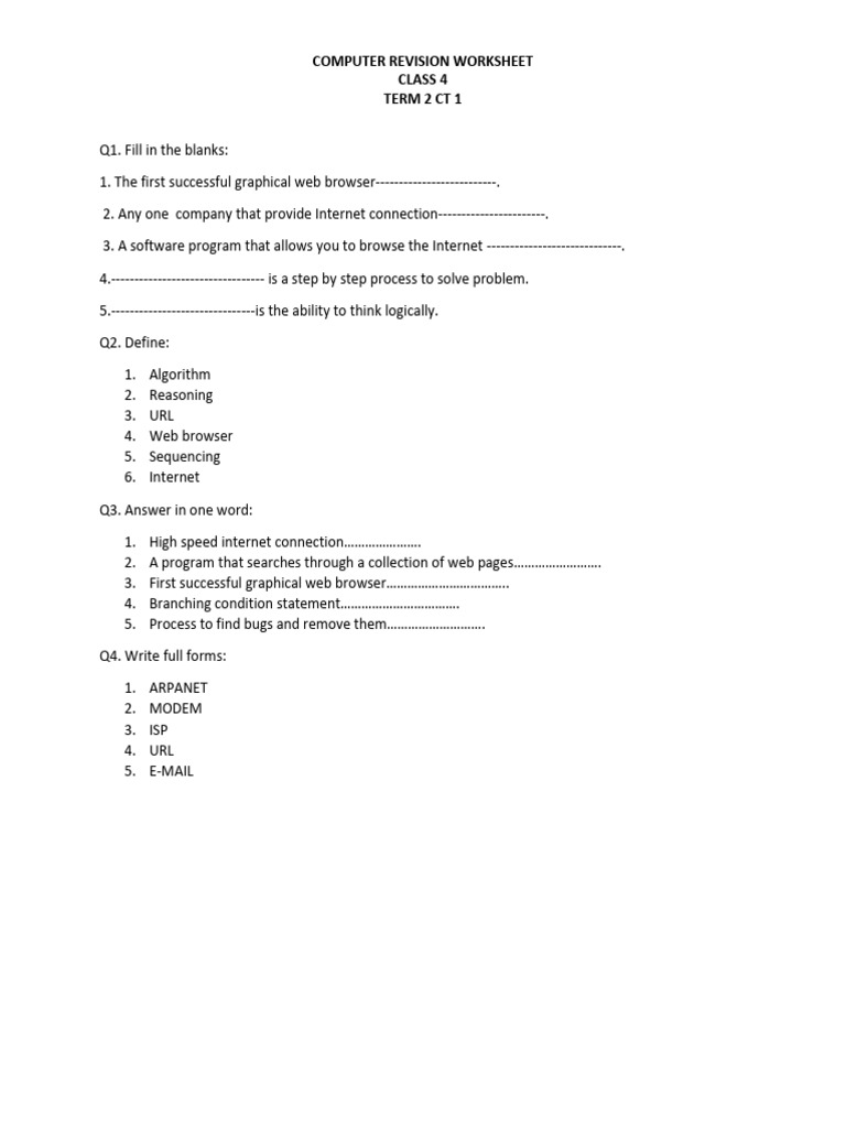 Computer Revision Worksheet | PDF