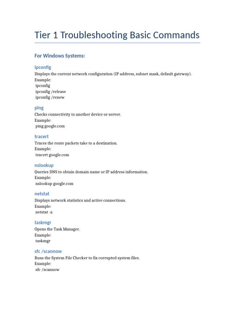 Tier 1 Network Troubleshooting Commands Pdf