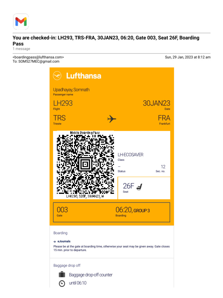 Gmail - You Are Checked-In - LH293, TRS-FRA, 30JAN23, 06 - 20, Gate 003 ...