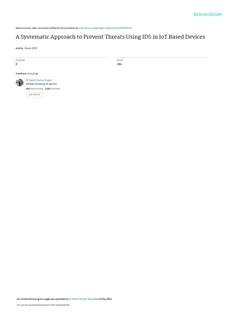 A Systematic Approach To Prevent Threats Using Ids in Iot Based Devices | PDF | Internet Of ...