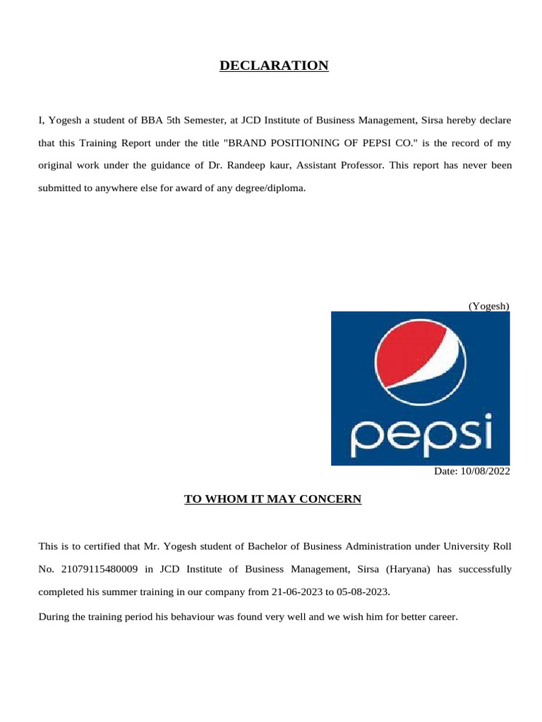 BRAND POSITIONING OF PEPSI CO. Report | PDF | Market (Economics ...