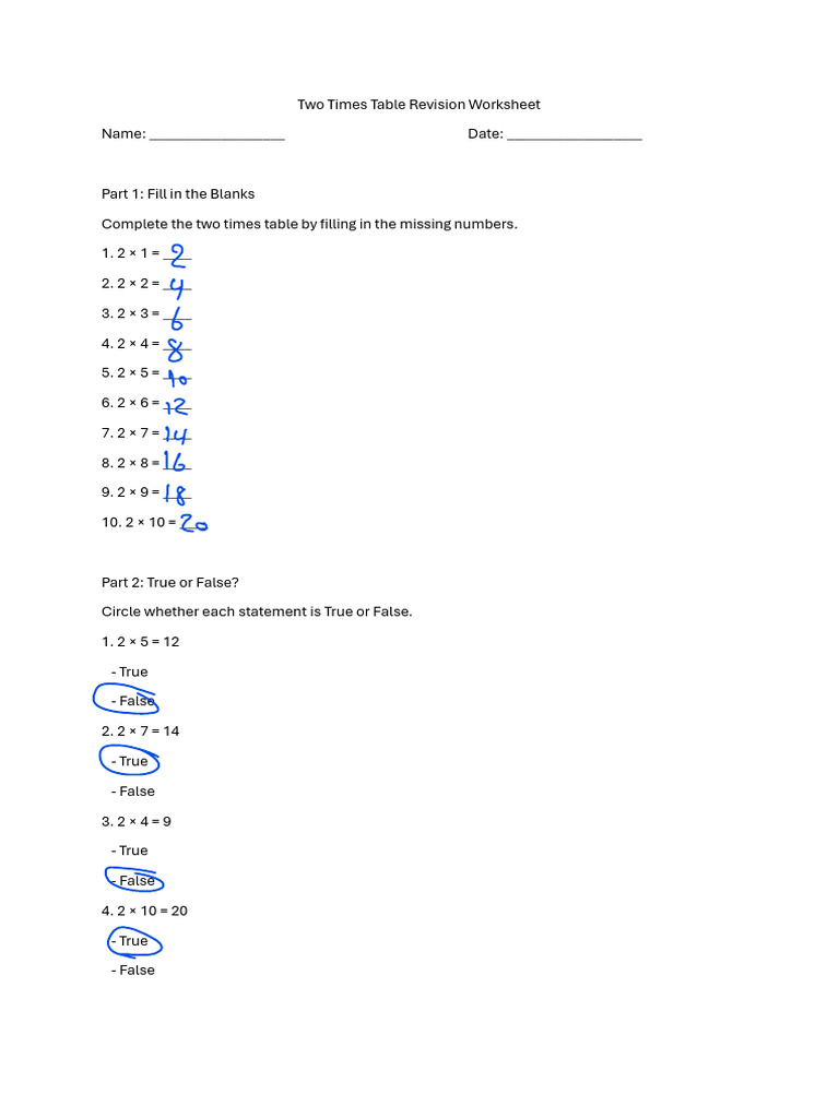 Two Times Table Revision Worksheet Grade 5 Homework | PDF