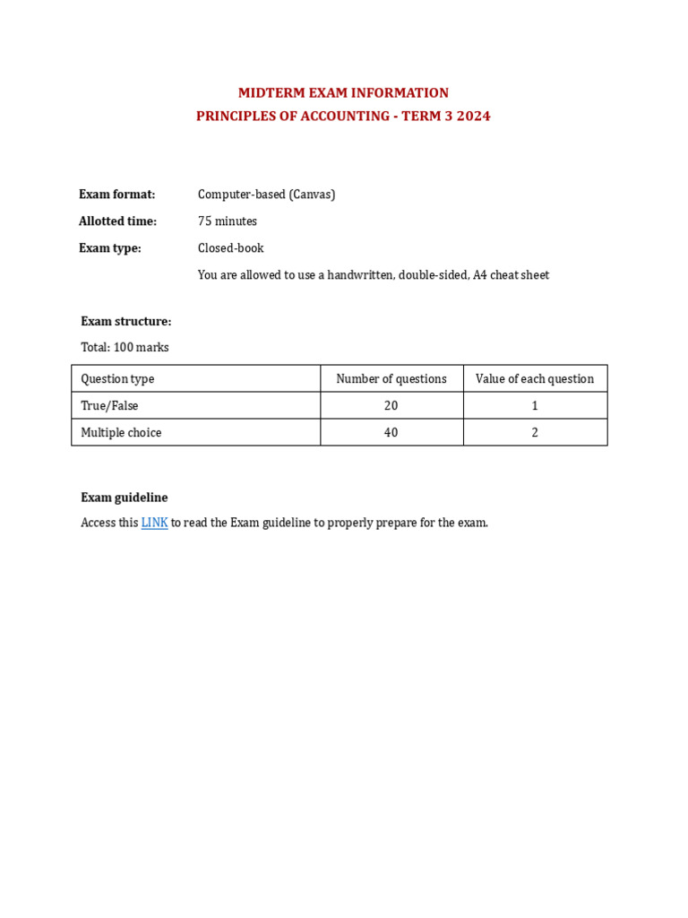 Principles of Accounting - Midterm Exam Information - T3 2024 | PDF