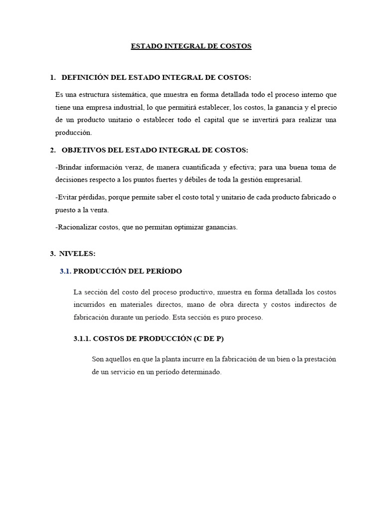Estado Integral de Costos | PDF | Costo | Precios