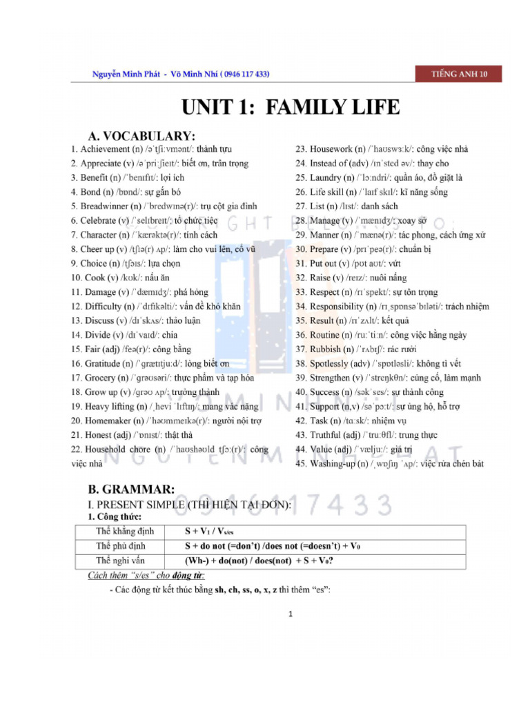 Bài Tập Bổ Trợ Tiếng Anh 10 Global UNIT 1 GV | PDF