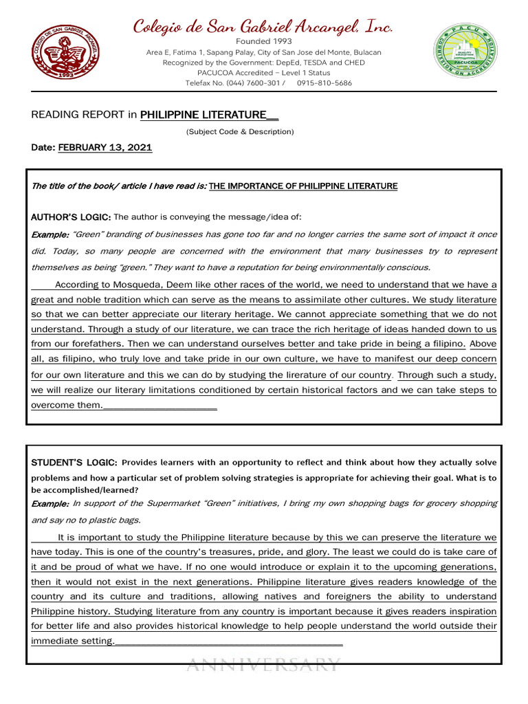 Reading Report and Learning Diary in Philippine Literature | PDF ...