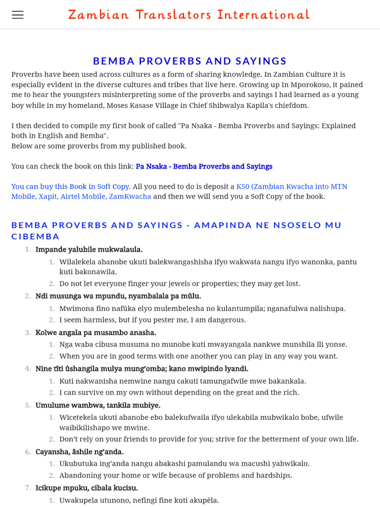 Bemba Proverbs and Sayings - Amapinda Ne Nsoselo Mu Cibemba | PDF ...