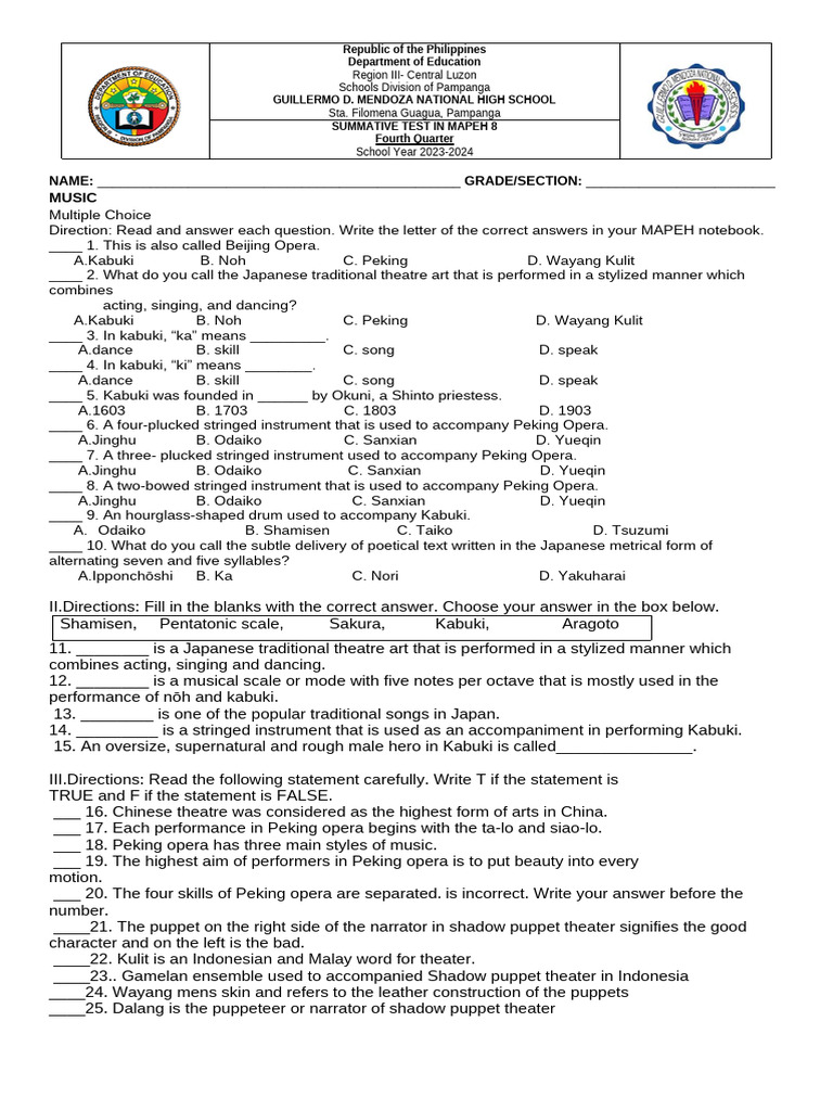 MAPEH 8 Summative Test: Music Focus | PDF | Theatre | Puppets