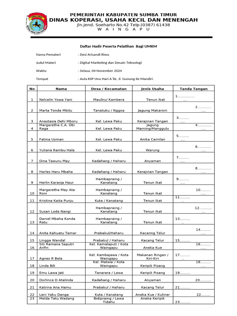 Daftar Hadir Peserta Pelatihan Bagi UMKM KPPN | PDF