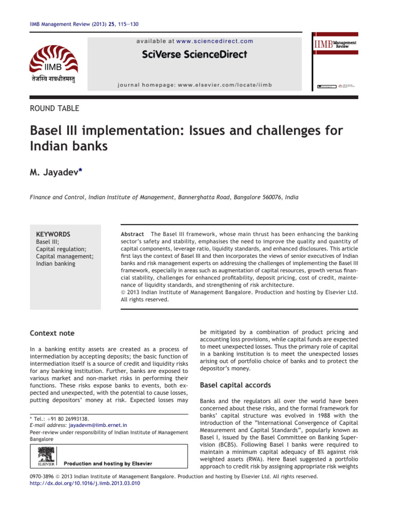Basel III Implementation - Issues and Challenges For Indian Banks - Jayadev - 2013 | PDF | Basel ...