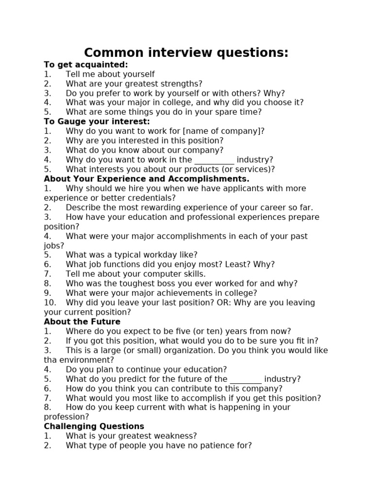 Common Interview Questions | PDF | Employment | Social Psychology