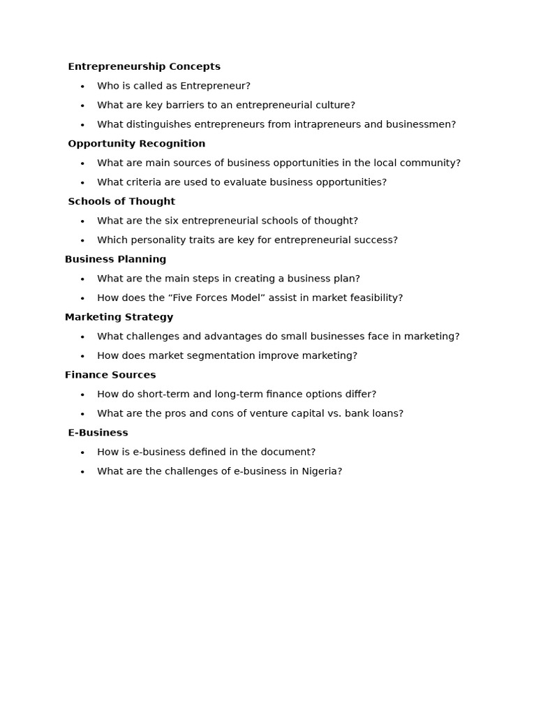 Questions On Entrepreneurship Intrapreneurship For Ai Student | PDF ...