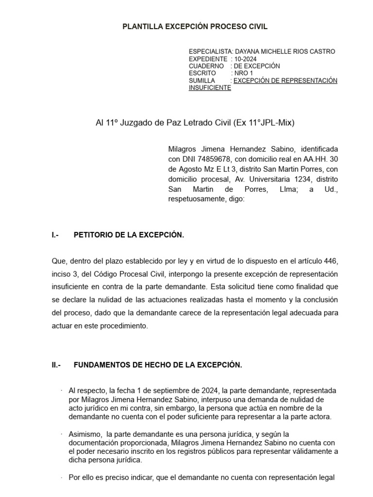 Plantilla Excepciones en Proceso Civil | PDF | Ley procesal | Demanda ...