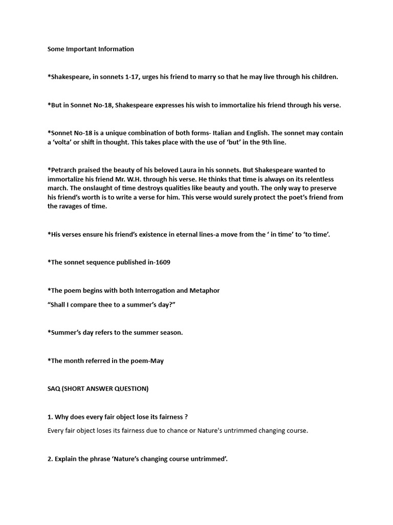 Sonnet 18: Key Questions and Answers | PDF | Poetry | Sonnets