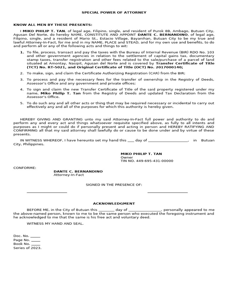 Special Power of Attorney Dante CGT DST Bir | PDF | Power Of Attorney ...