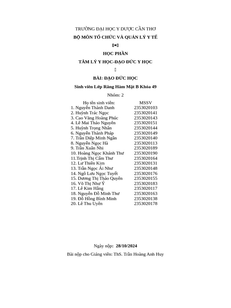 Nhóm 2 - RHMB 49 - Đạo Đức y Học | PDF