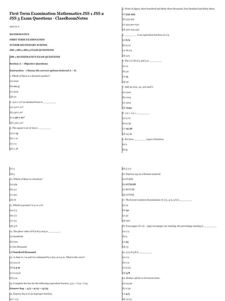 First Term Examination Mathematics JSS 1 JSS 2 JSS 3 Exam Questions ...
