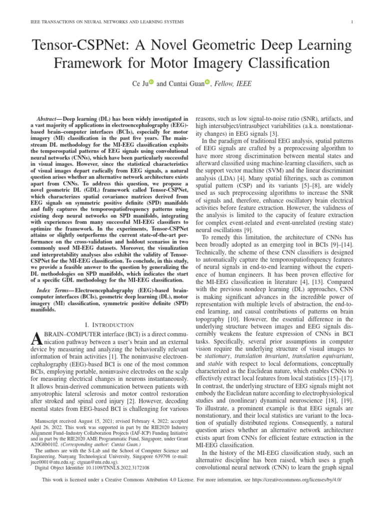 Tensor-CSPNet A Novel Geometric Deep Learning Framework For Motor Imagery Classification | PDF ...