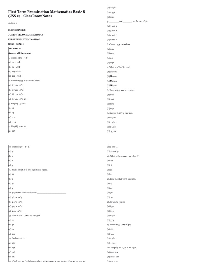First Term Examination Mathematics Basic 8 (JSS 2) - ClassRoomNotes ...
