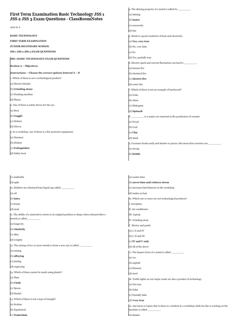 JSS Basic Tech Exam Questions | PDF | Metals | Alloy