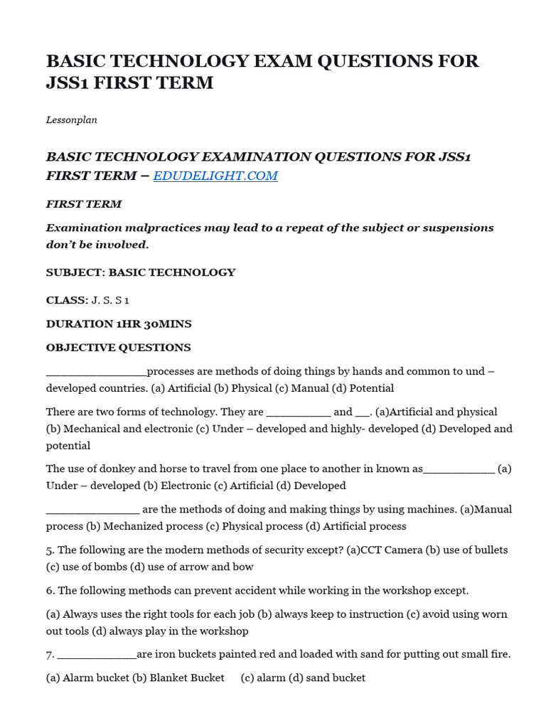 Basic Technology Exam Questions For JSS1 First Term | PDF | Wood | Hardwood