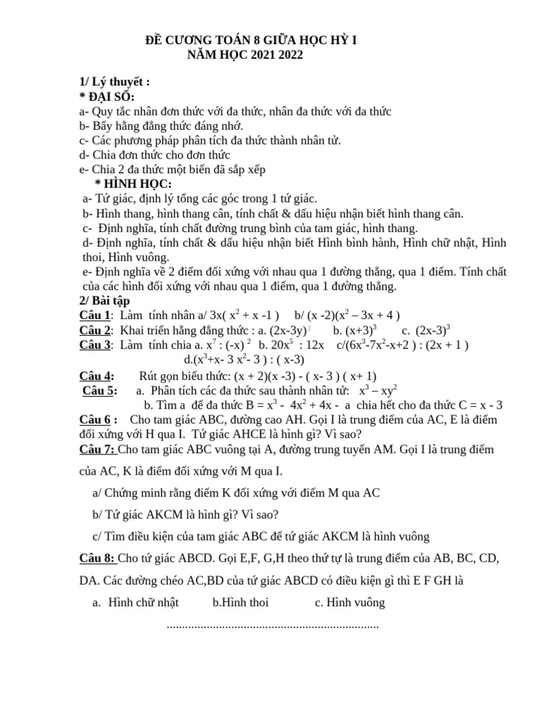 ĐỀ CƯƠNG TOÁN 8 GHK1 | PDF