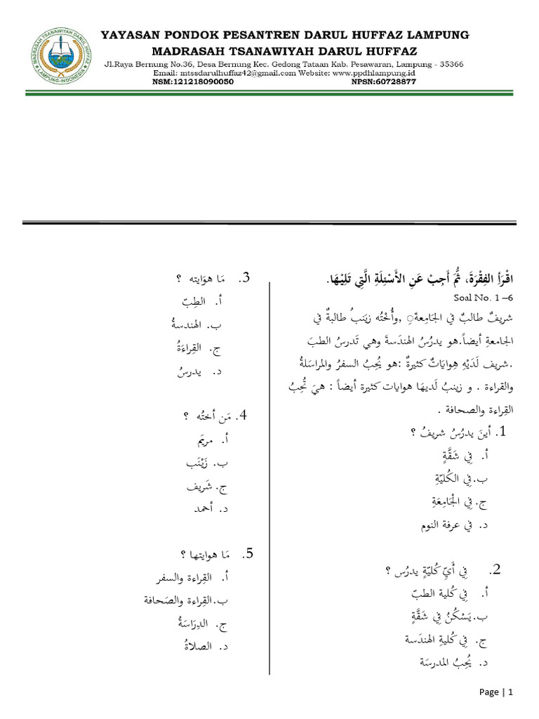 Soal Bahasa Arab Kelas Viii Mahmudin | PDF