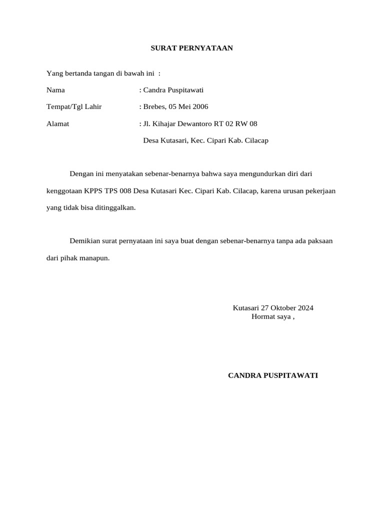 Surat Pernyataan Pengunduran Diri Kpps | PDF