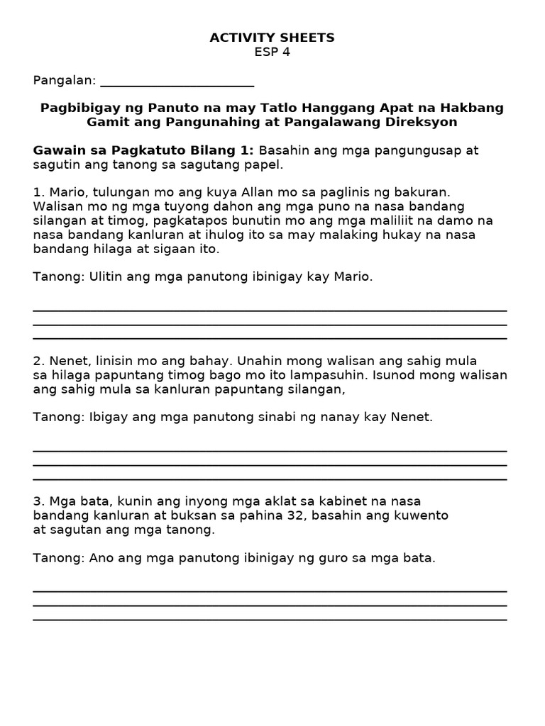 FILIPINO 4 Activity Sheet Q4 W1 | PDF