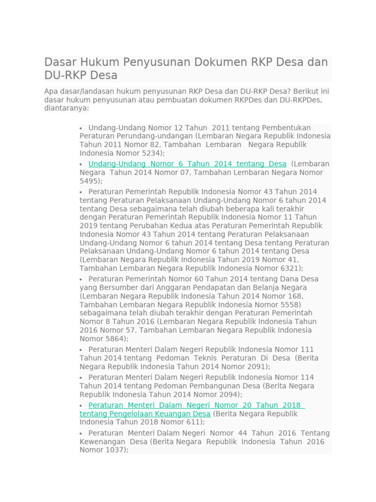 Dasar Hukum Penyusunan Dokumen RKP Desa Dan DU | PDF
