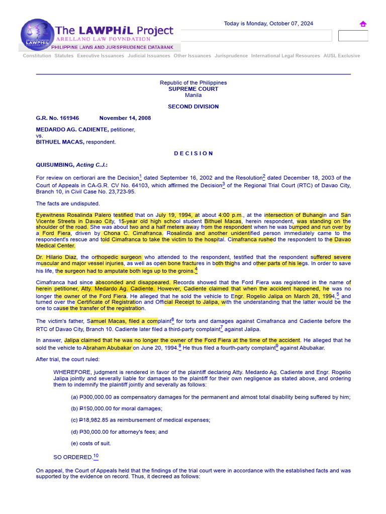 1.1 CADIENTE VS MACAS G.R. No. 161946 | PDF | Negligence | Damages