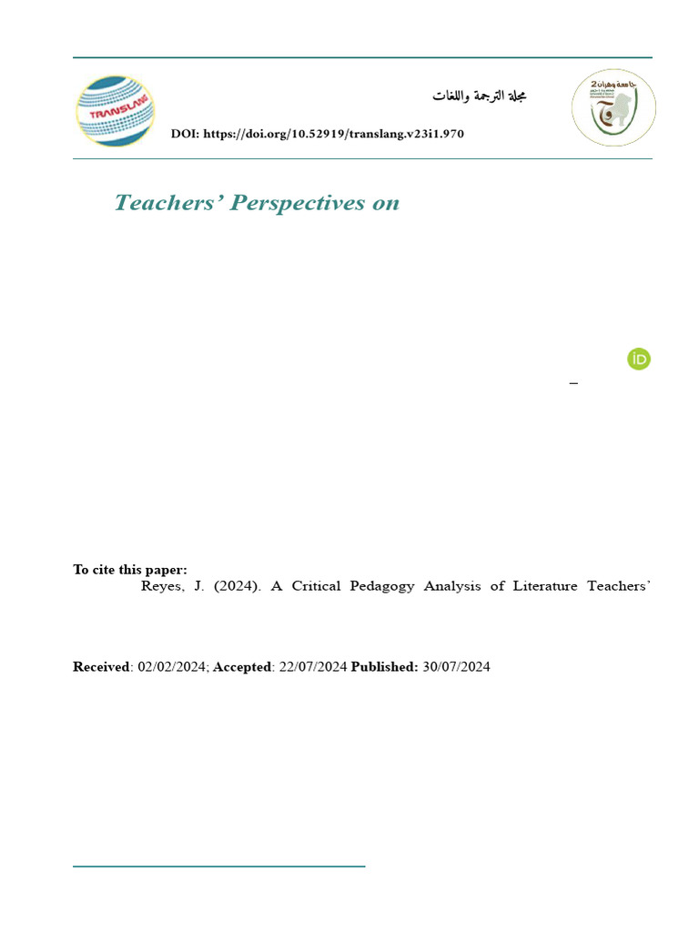 A Critical Pedagogy Analysis of Literature Teachers' Perspectives On The Integration of ...