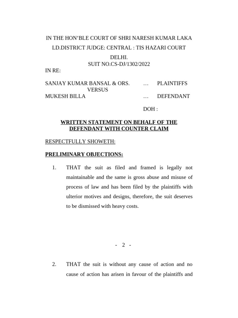 Written Statement On Behalf of The Defendant With Counter Claim | PDF ...