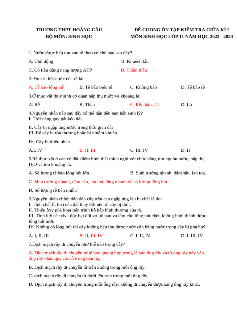 Đề Cương Sinh 11 Giữa Hk1 | PDF