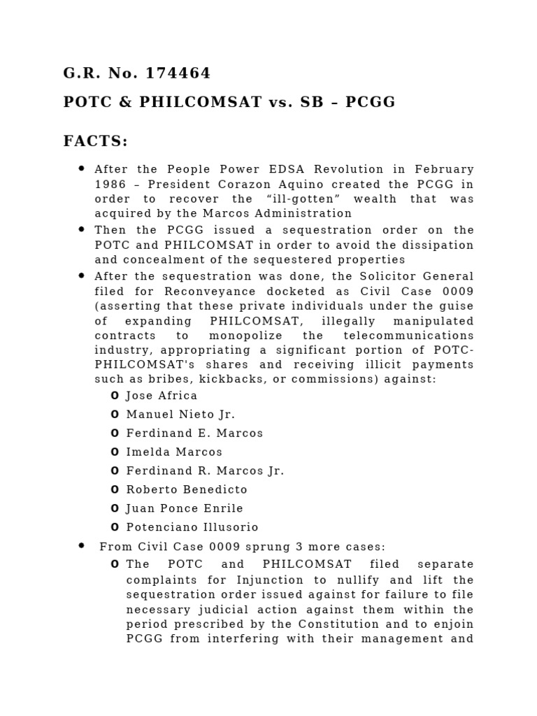 GR 174462 (POTC & PHILCOMSAT vs. SANDIGANBAYAN, PCGG) | PDF | Lawsuit | Public Law