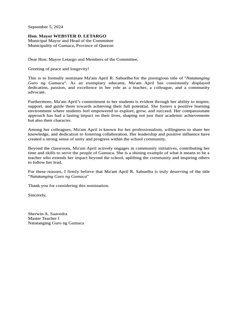 Nomination Letter Sir SAS | PDF | Career & Growth