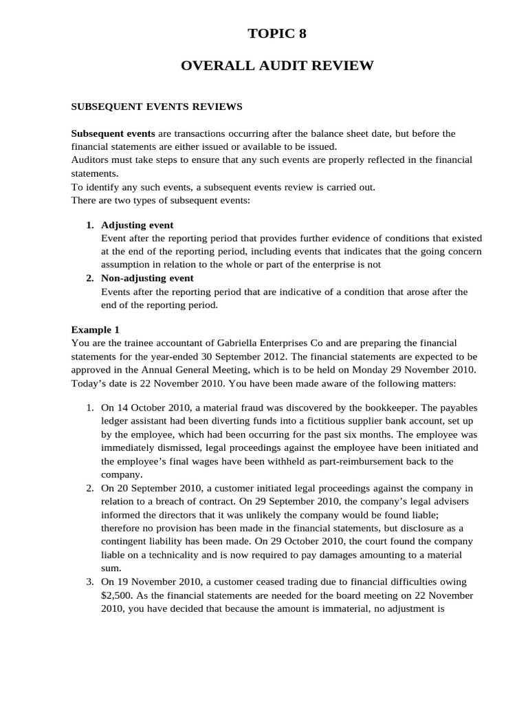 Topic 8 Overall Audit Review | PDF | Going Concern | Audit